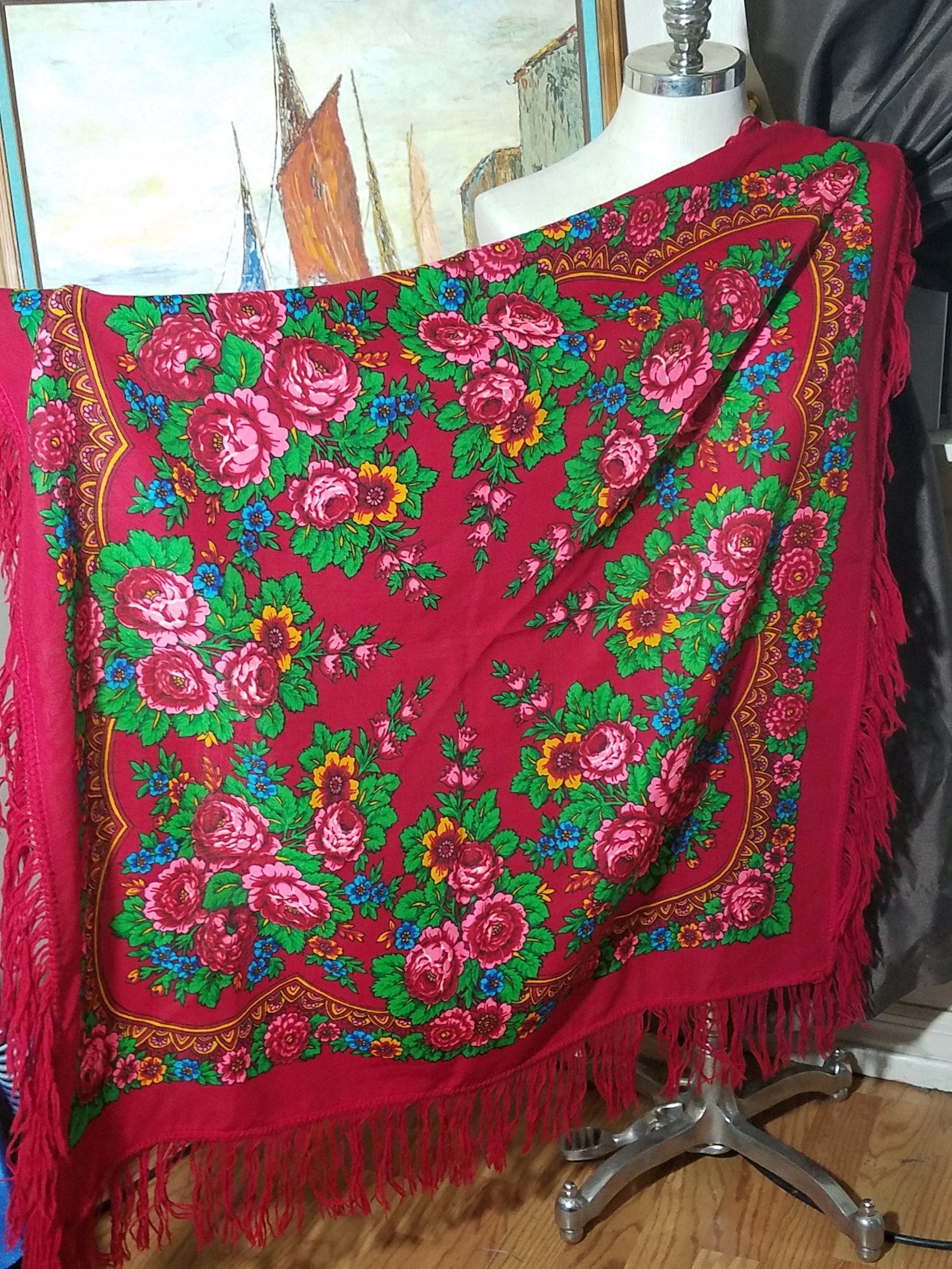 Vintage Large Shawl Red and Pink Roses Rayon Blend Spanish - Etsy