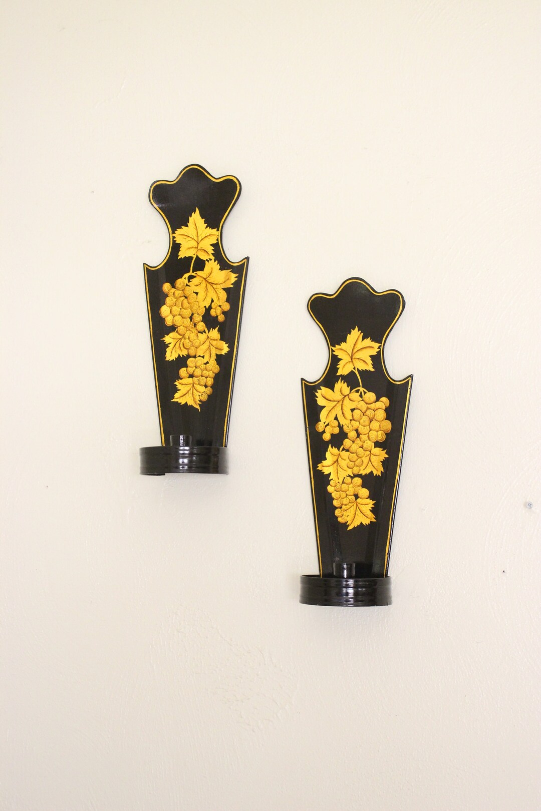 Vintage Sheet Metal Candle Holders Wall Sconces, Toile Black Lacquer ...