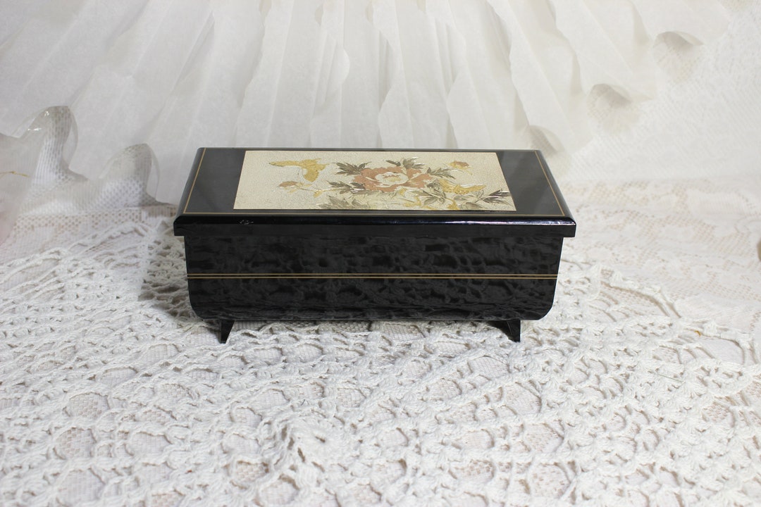 Vintage Black Lacquer Musical Jewelry Box, With Mirror and Golden ...