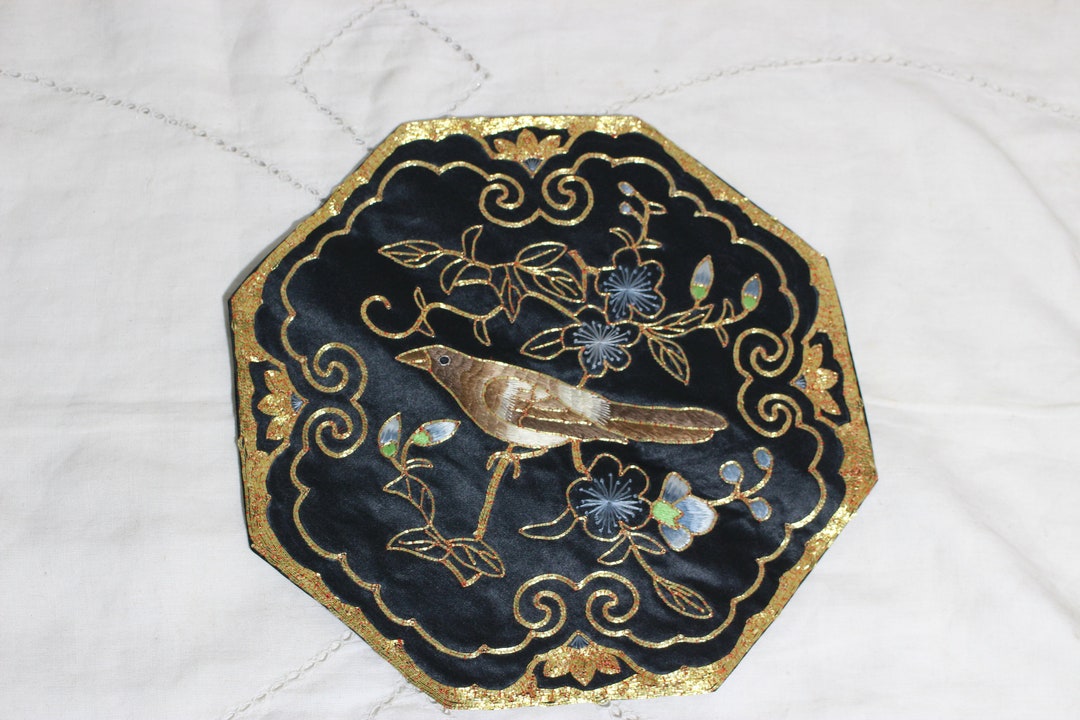 Vintage Oriental Gold Thread Embroidery Panels, Folk Chinese Art, Brown ...