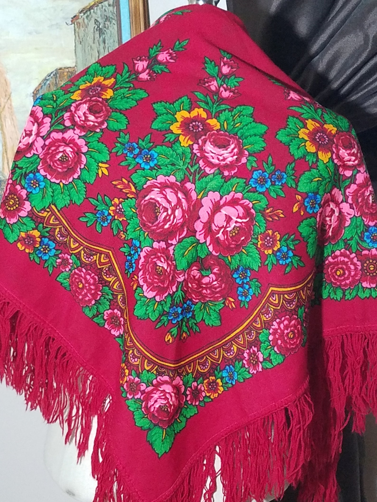 Vintage Large Shawl Red and Pink Roses Rayon Blend Spanish - Etsy