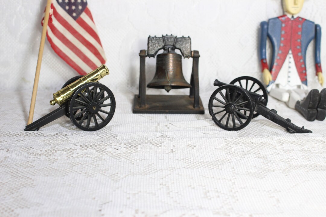 American Liberty Bell Cast Iron Figurine and 2 Miniature War Cannons ...