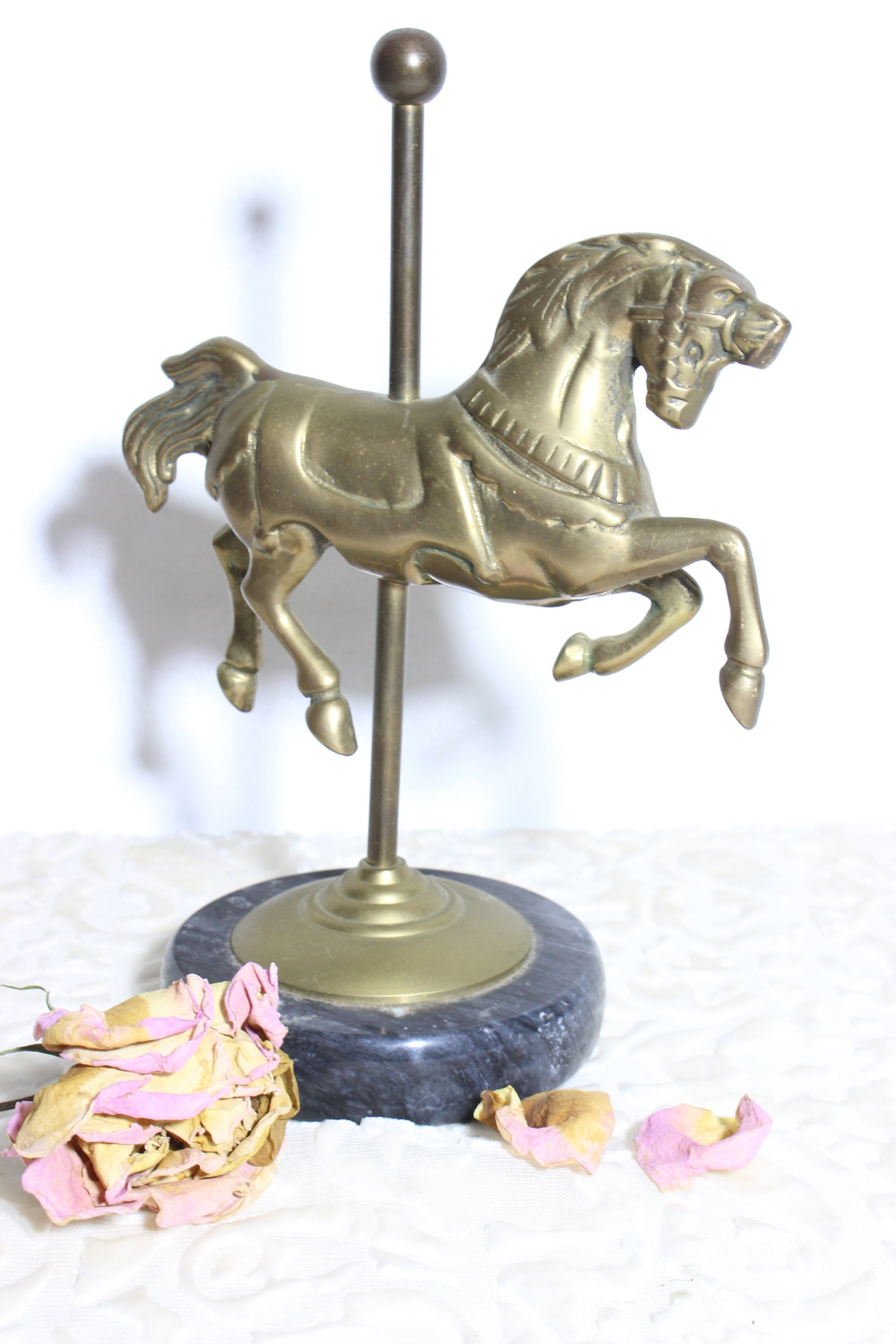 Vintage Brass Carousel Horse Sculpture: Marble Base, Child Room Decor ...