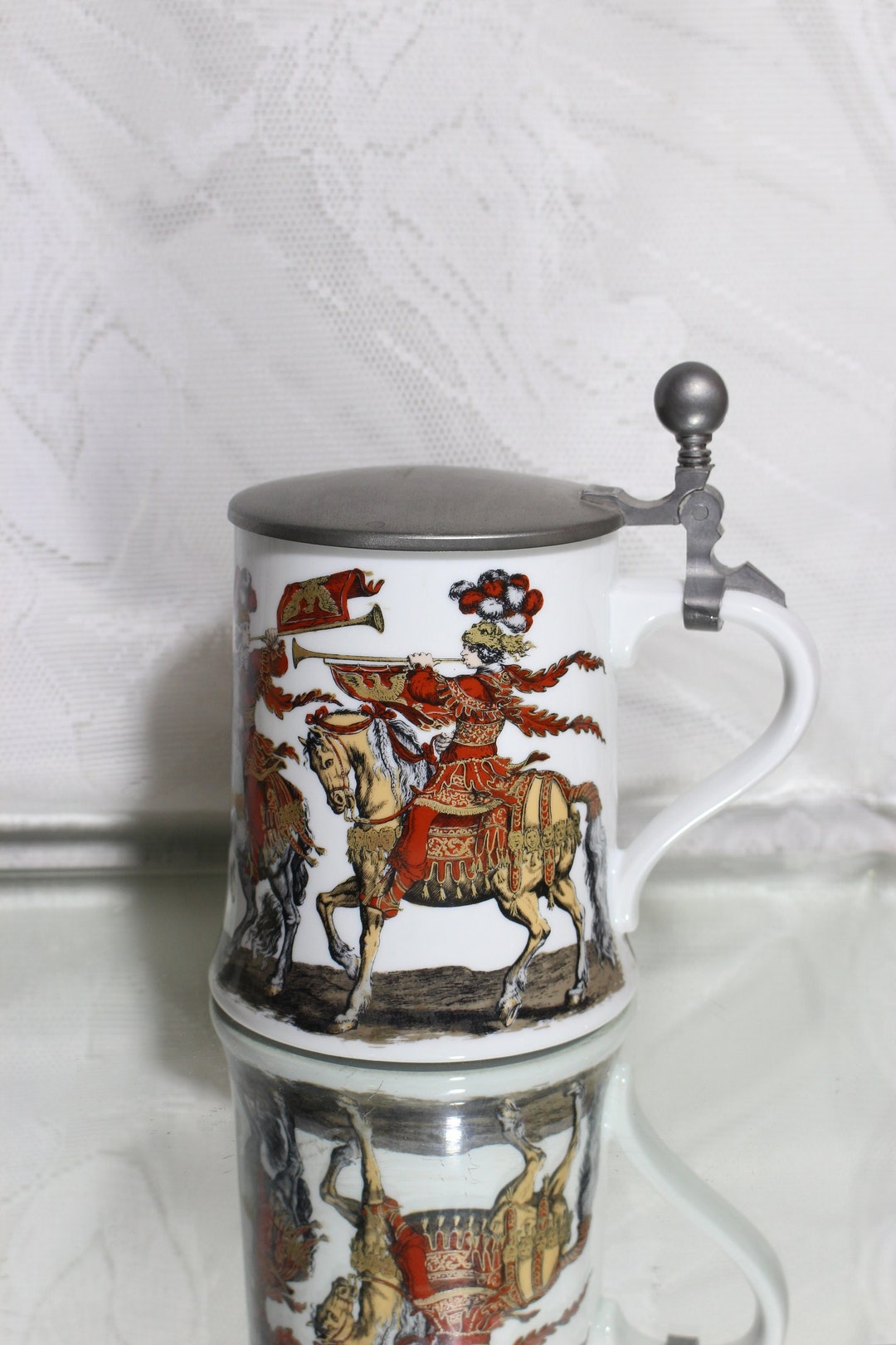 Vintage Alboth & Kaiser Porcelain and Pewter Beer Stein 1991, Horsemen ...