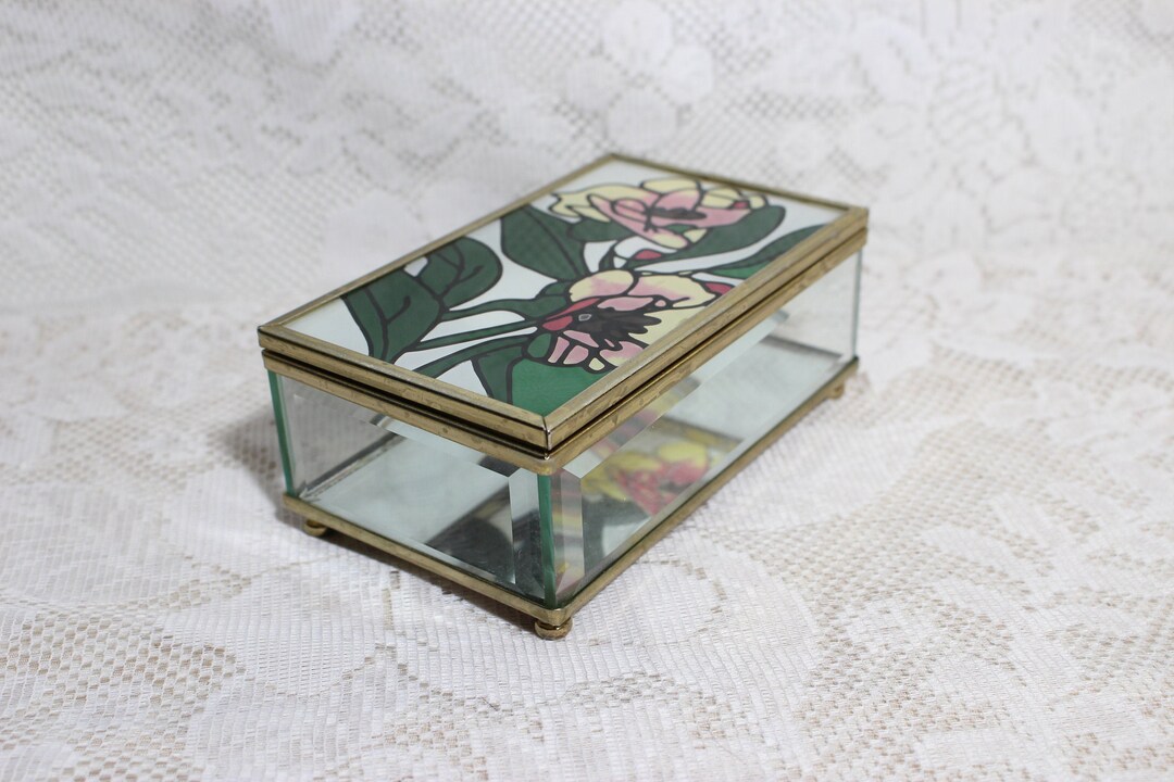 Small Glass Jewelry Box Beveled Glass, Reverse Enamel Painted Lid ...