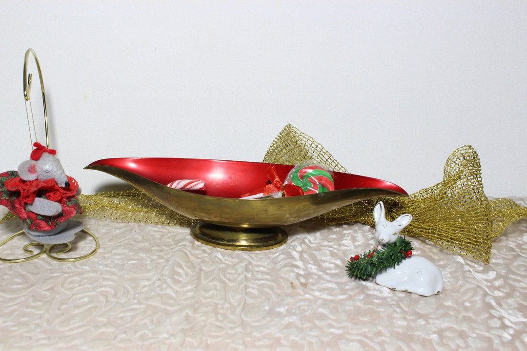 Vintage Solid Brass Contempora Bowl, Red Interior, Irving Schwartz & Co ...