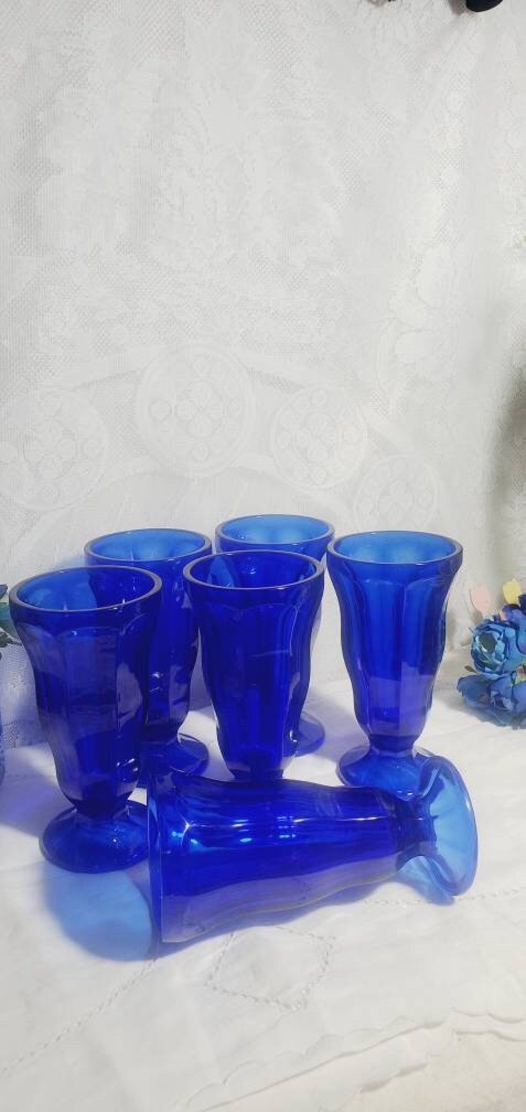 Cobalt Blue Glass Set of 6 Vintage Ice Cream Cups, Tall Glass Milkshake ...
