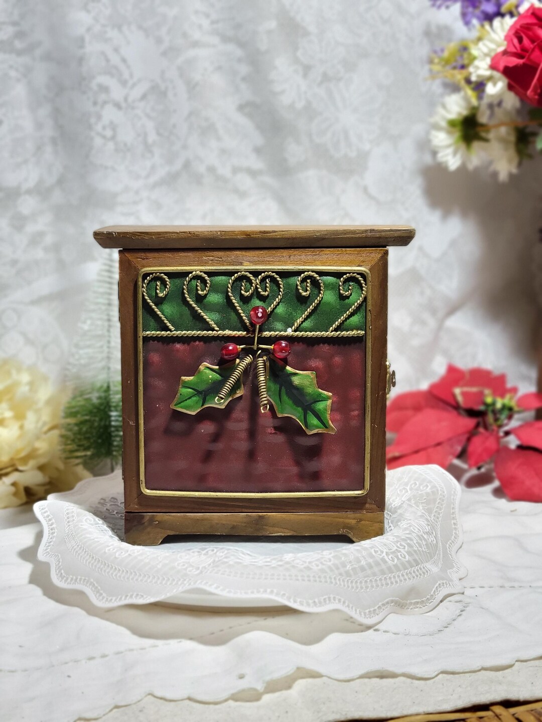 Vintage Christmas Holly Decorative Wood Trinket Box - Etsy