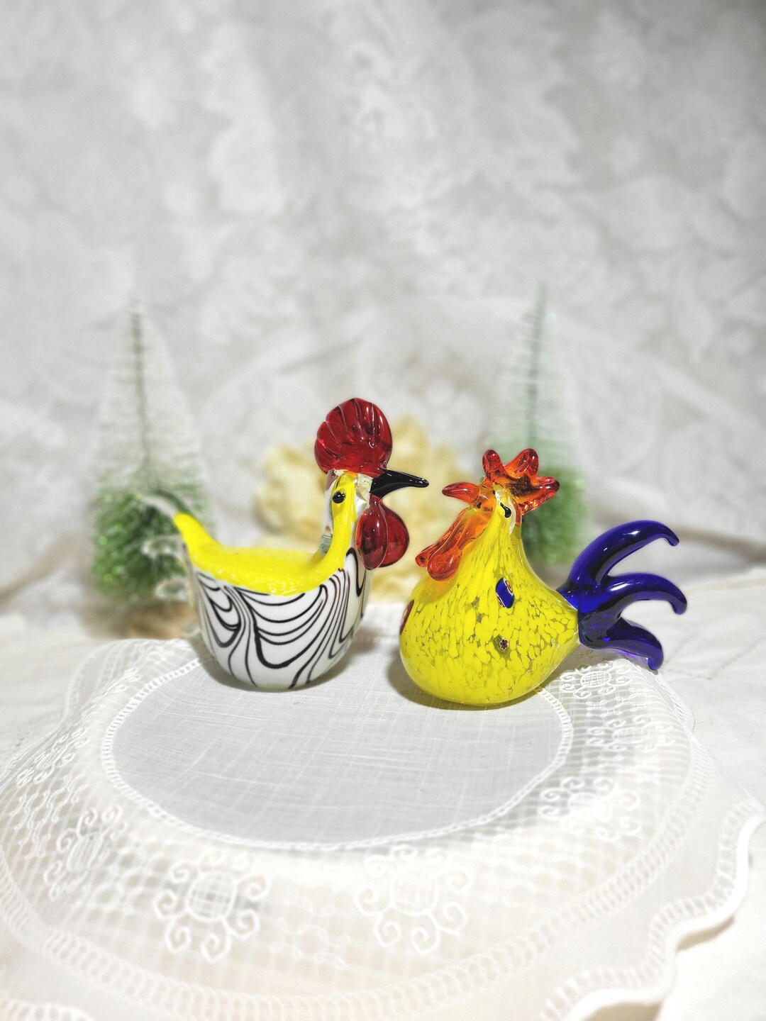 Vintage Heavy Blown Glass Art Rooster and Hen Paperweight Sculptures - Etsy