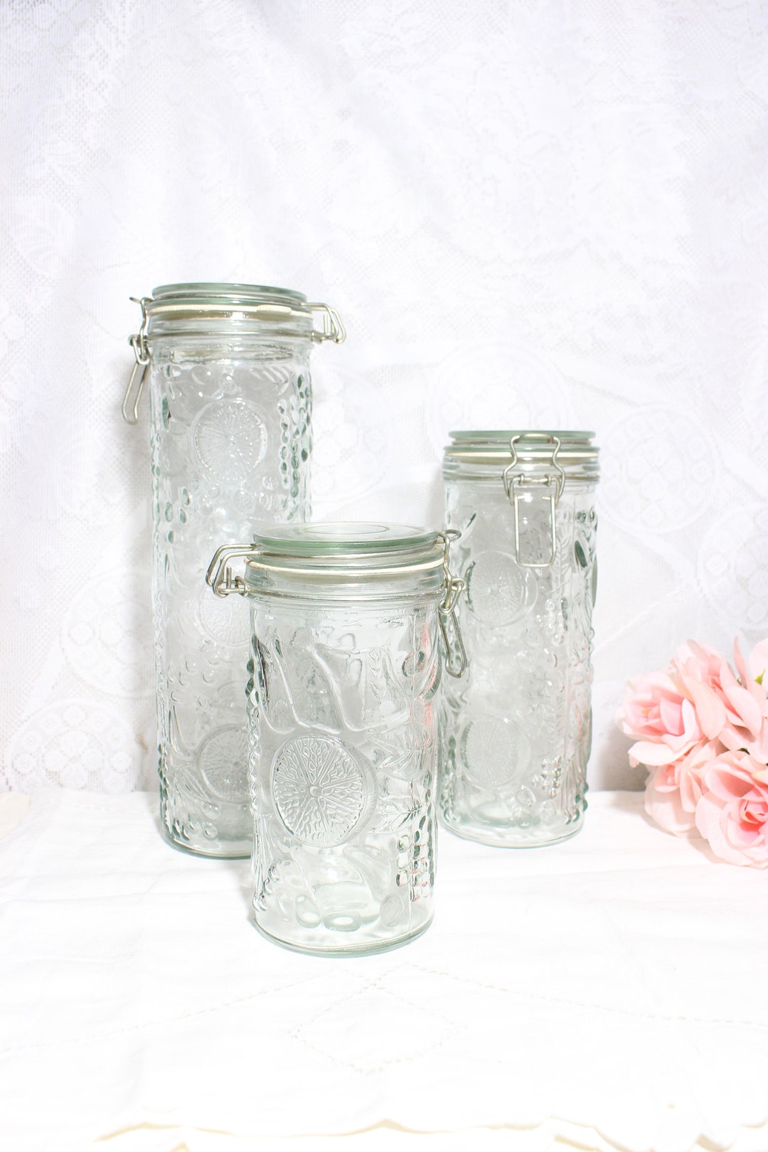 Vintage Lt. Green Glass Storage Canisters, Fruit Embroidered Jars Air ...