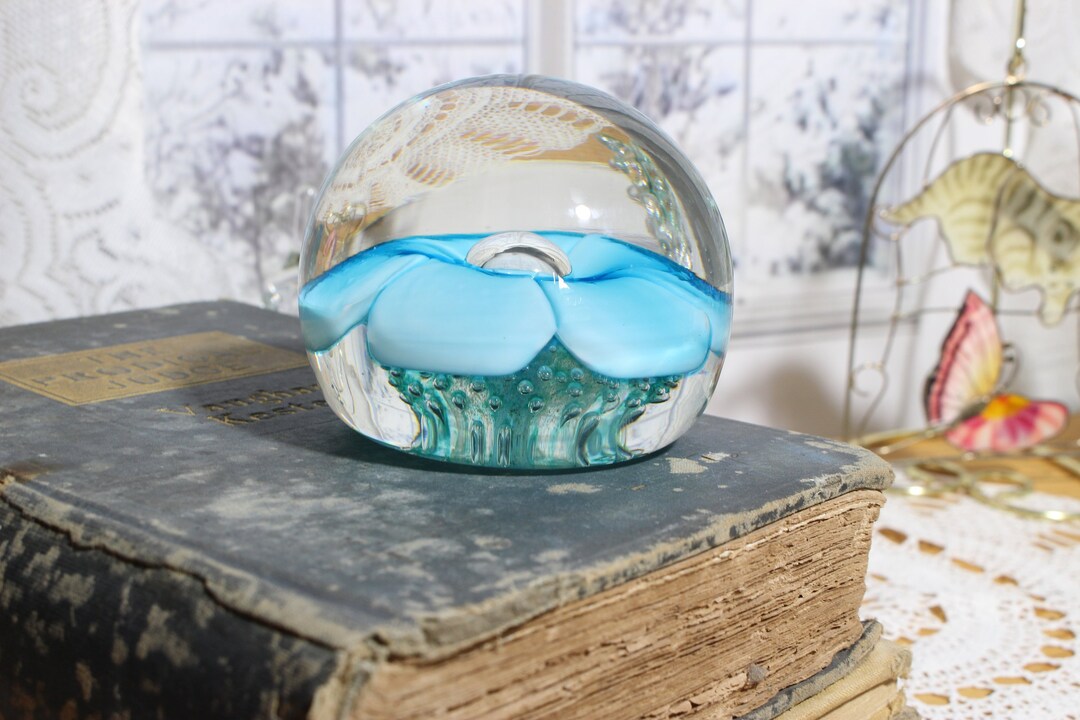 Vintage Art Glass Paperweight: Floating Blue Flower, Air Bubbles - Etsy