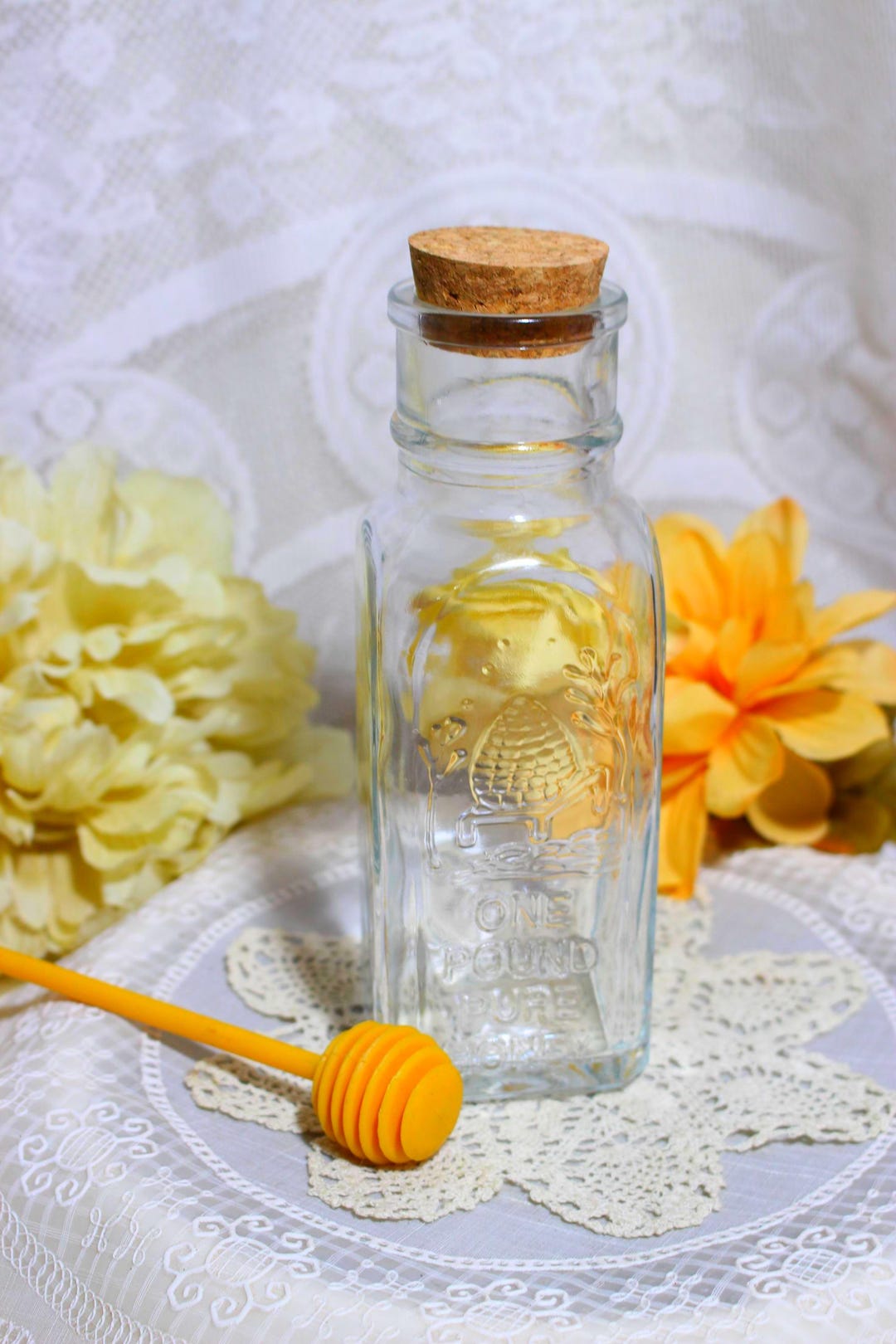 One Pound Pure Honey Square Glass Jar With Cork Stopper - Etsy