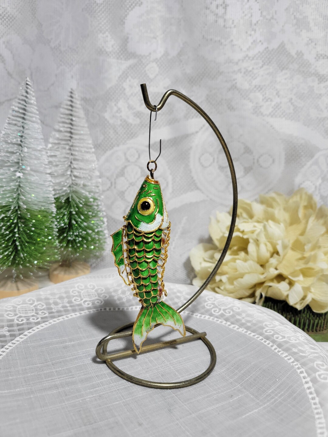 Large Green Fish Pendant, Articulated Enameled Brass Koi Fish, Fishing ...