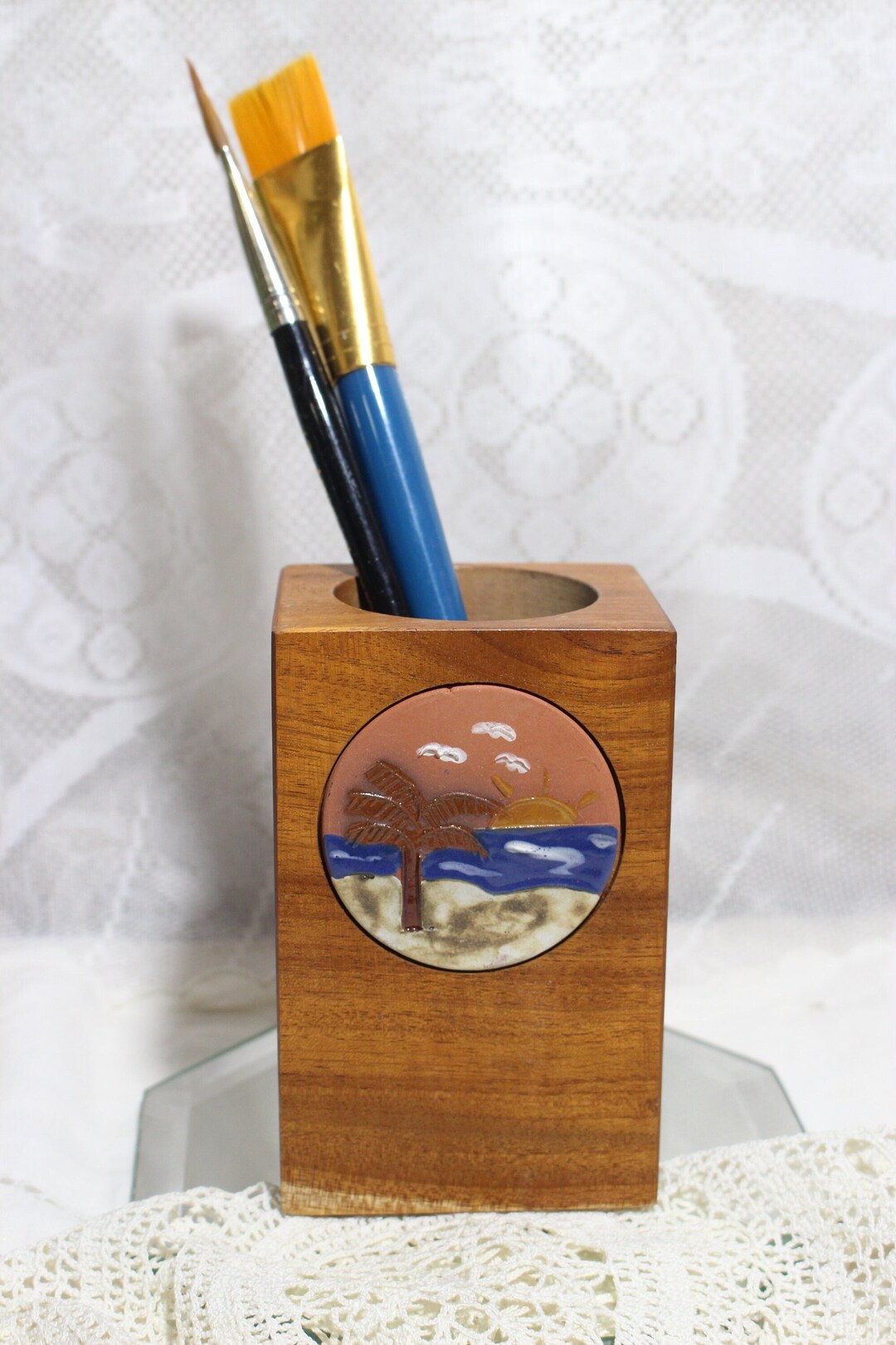 Vintage Turned Wood Pencil Holder, Puerto Rico Desk Decor by Artesania ...