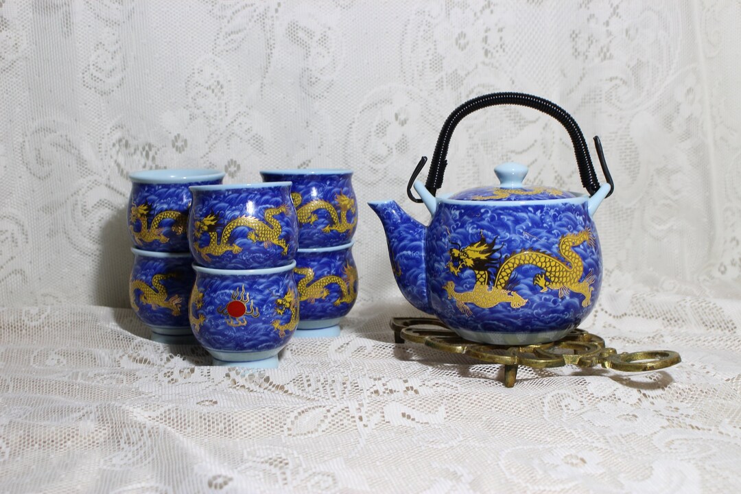 Vintage Oriental Dragon Tea Set, Eastern Chinese Dragon in Golden Color ...