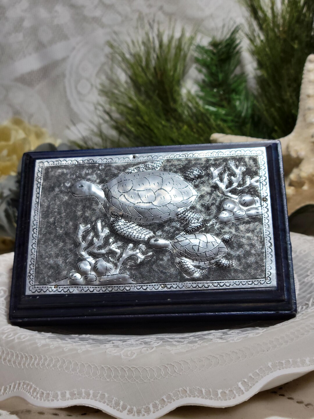 Vintage Wood Box With Metal Sea Turtles Embossed Lid, Blue Trinket ...