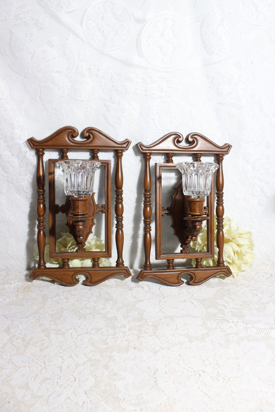 Vintage Plastic Faux Wood Wall Candle Sconces, With Clear Class Cups, T ...