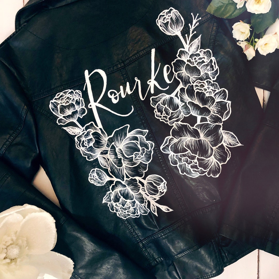 CUSTOM Painted Leather Bridal Jacket, Floral, Flowers, Mrs, Wedding ...