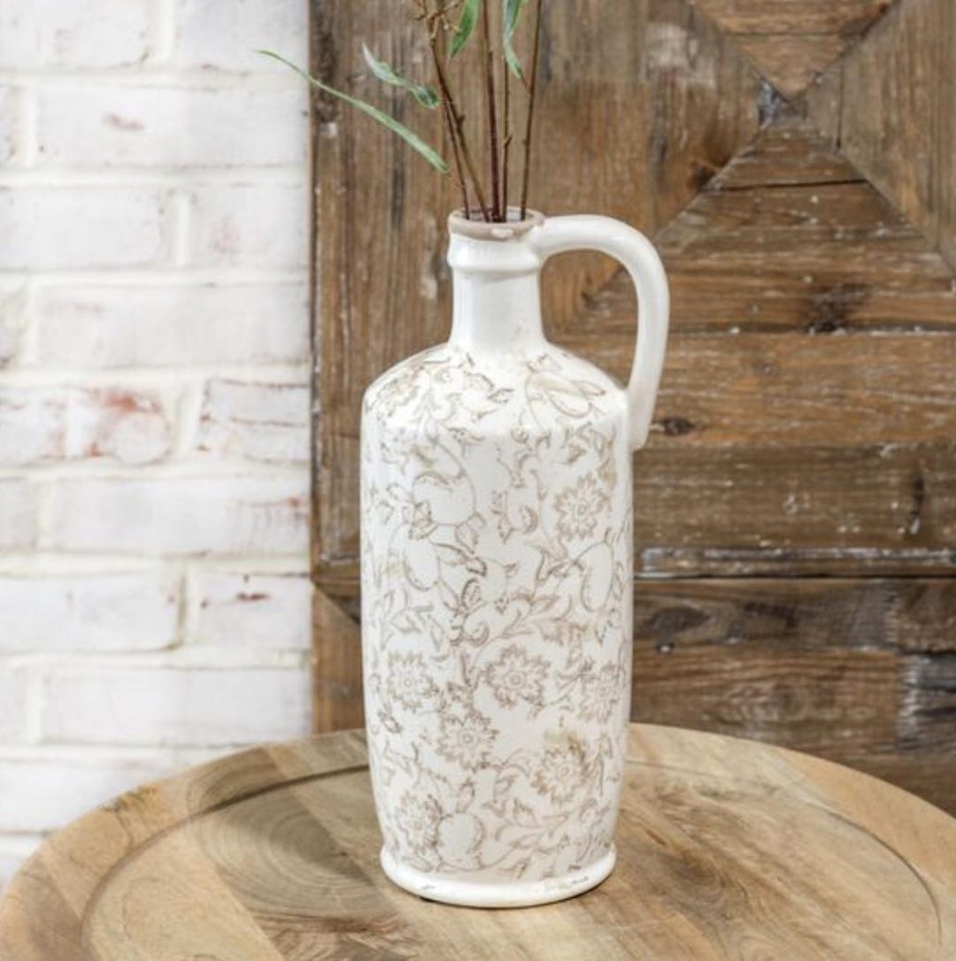 Cream Handled Heirloom Vase, Neutral Home Decor, Grandmillennials, Old ...