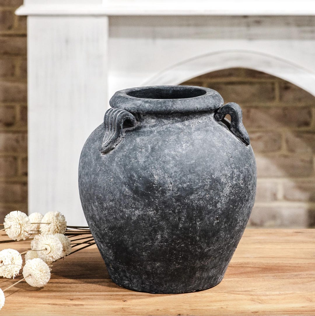 Large Black Charcoal Artisan Vase, Rustic Pottery Plant Holder, Natural ...