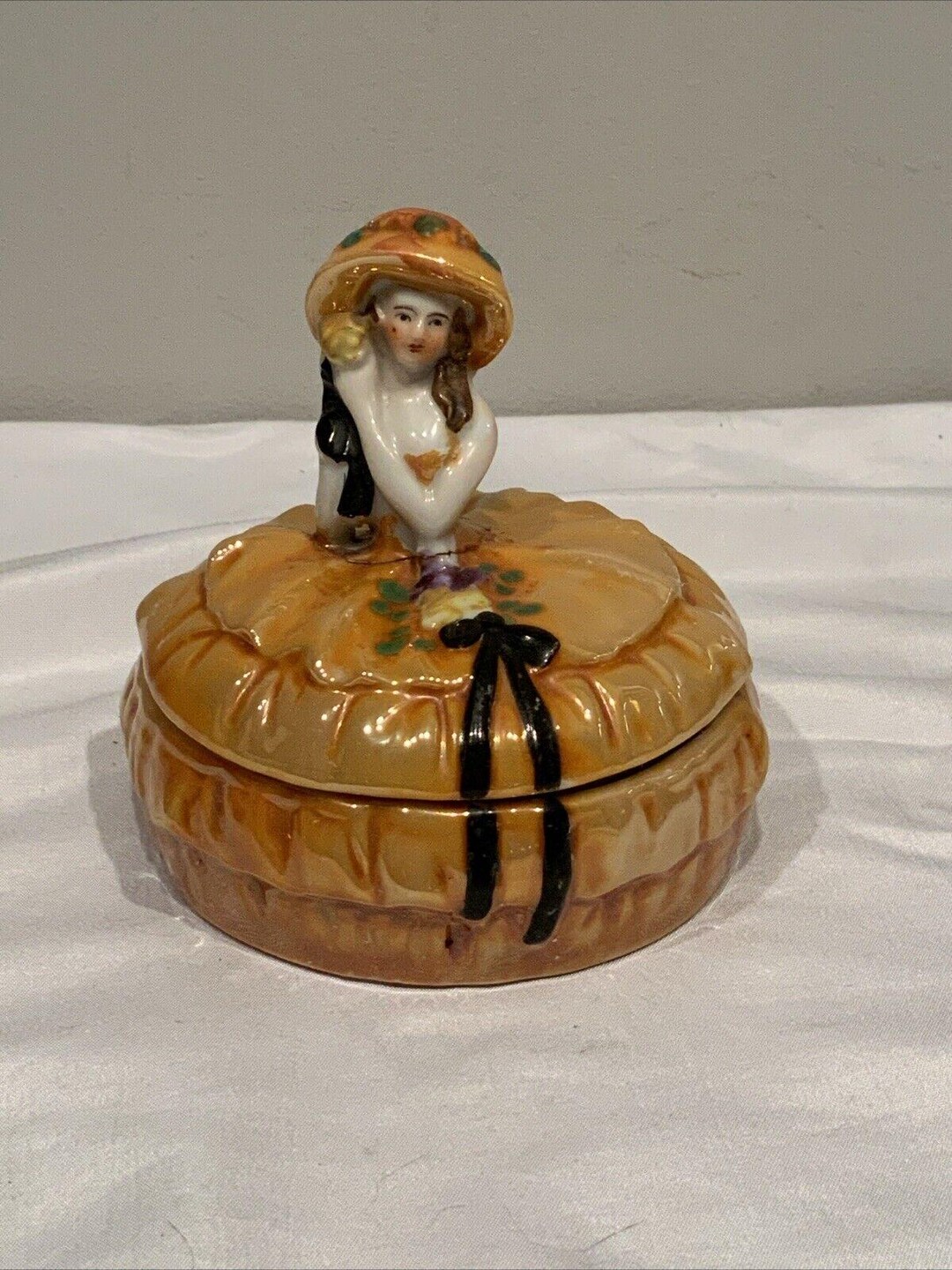 Lusterware Art Deco Girl Covered Dresser Powder Jar, Delicate Trinket ...