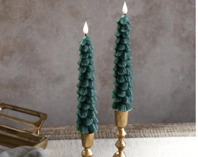 LED Green Tree Taper Candle Stick Set, Timer Candles, White ...