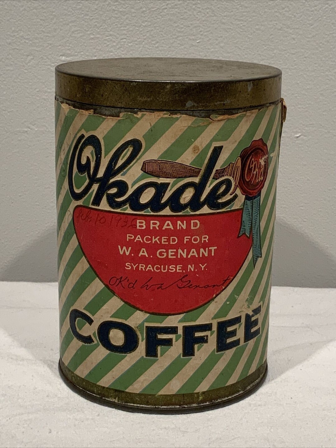 Okayed Brand Coffee Tin Paper Label W.A. Genant Syracuse New York ...