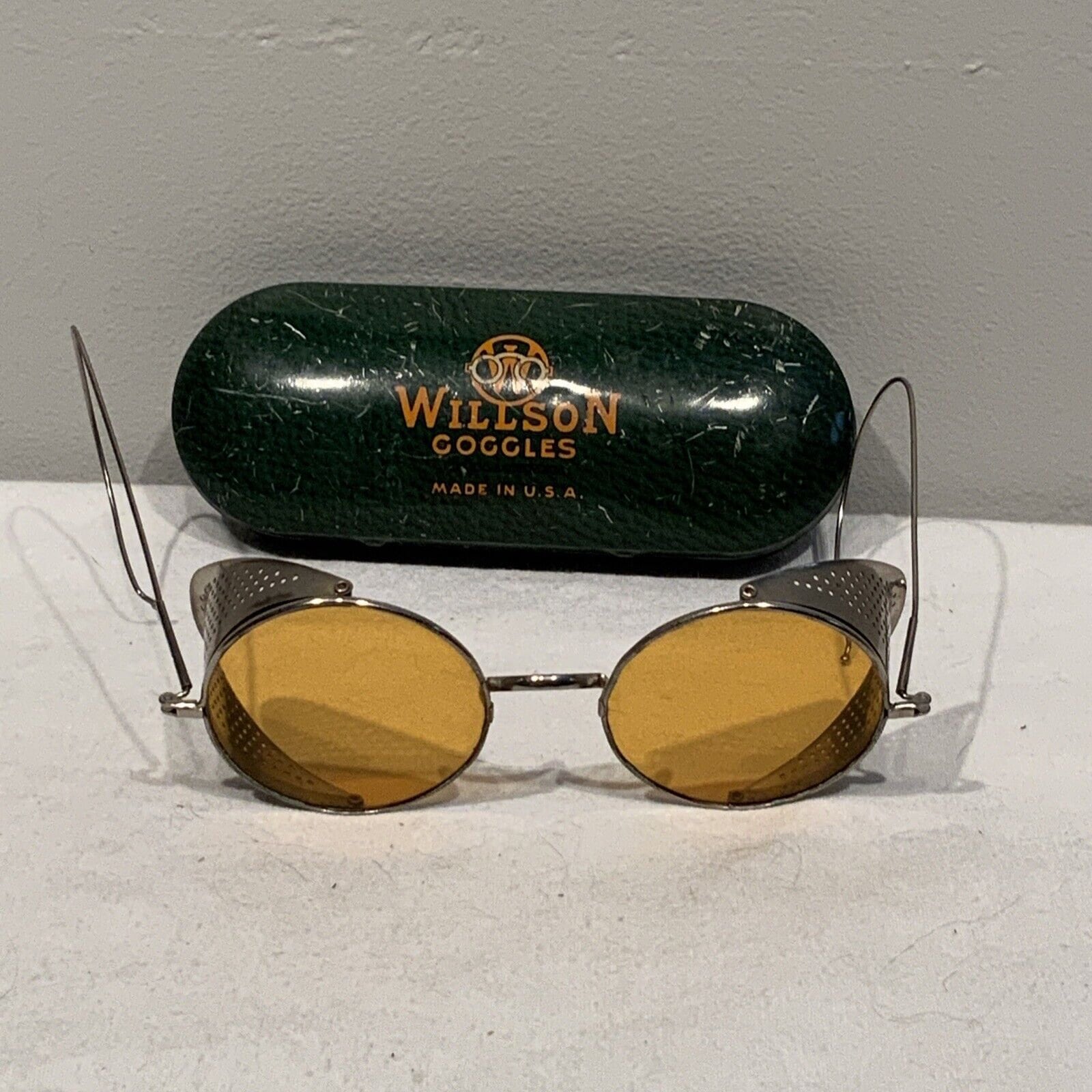 Antique Amber Universal Willson Goggles Steampunk Riding Glasses W/case ...