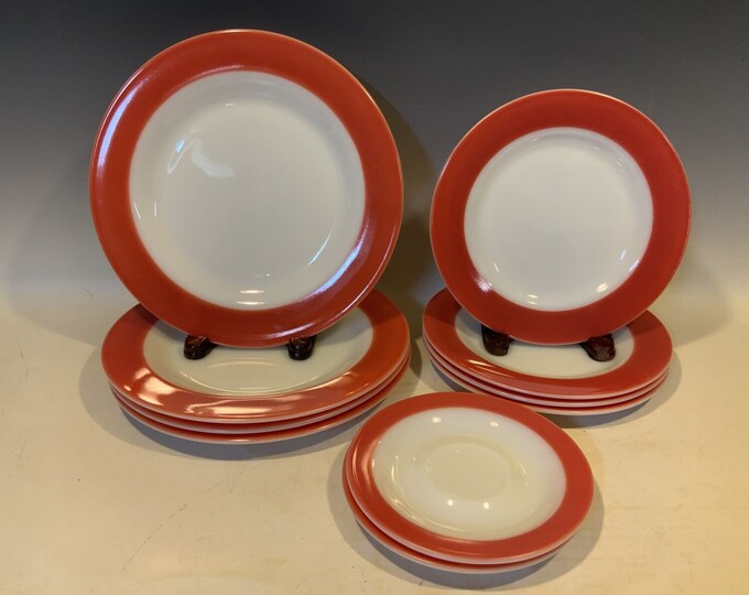 10 Corning Pyrex Flamingo Pink Band Plates 4 Dinner 4 Lunch 2 Cup ...