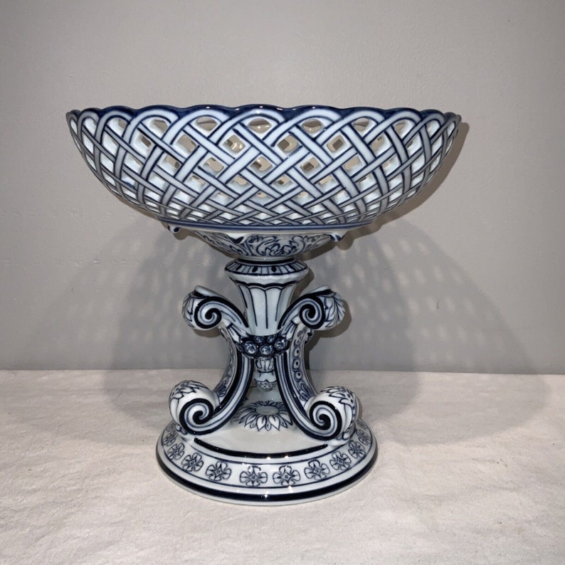 Bombay Company Porcelain Blue and White Reticulated Footed Compote ...