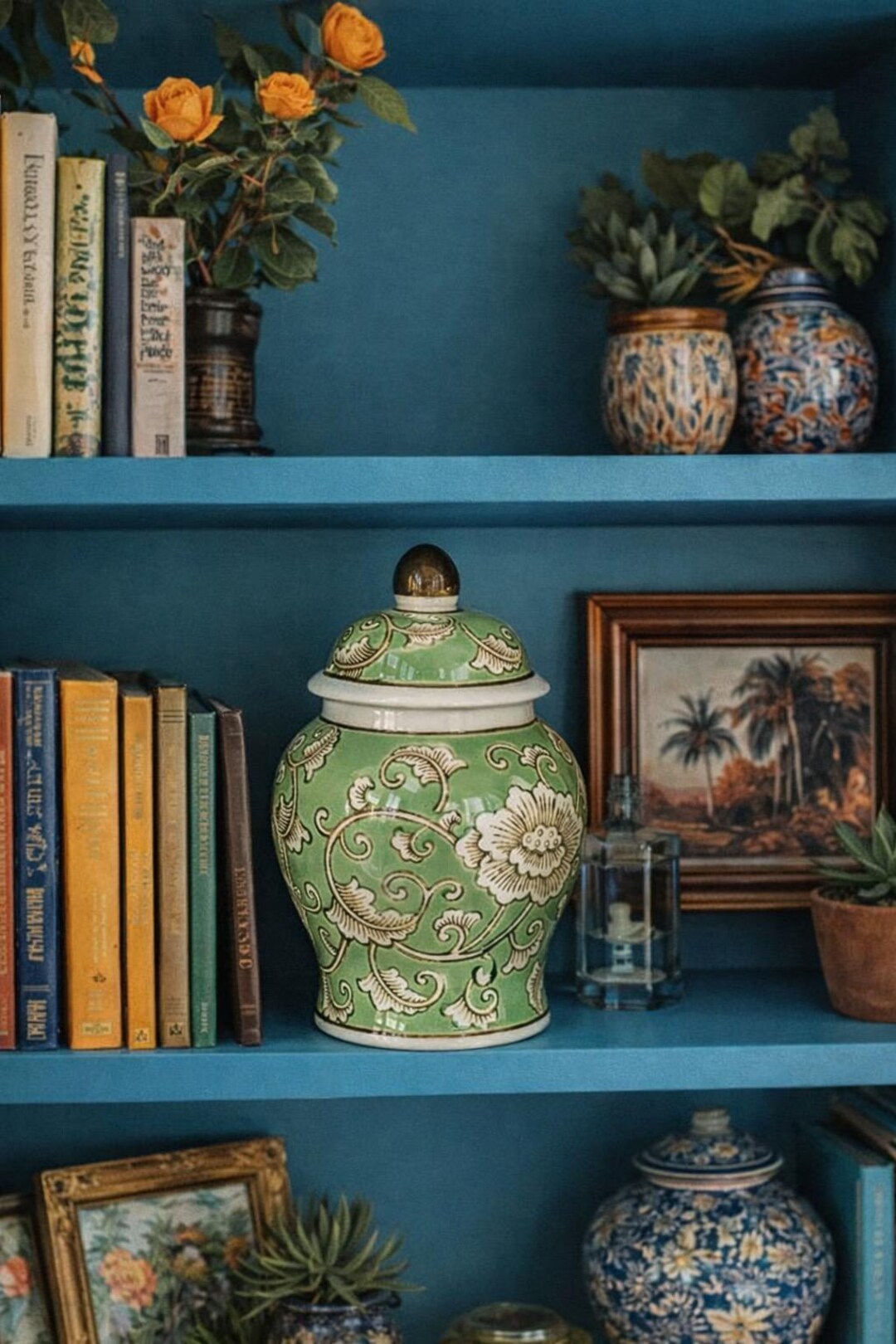 Green Floral Ginger Jar With Raised Lid, Decorative Pottery, Office ...