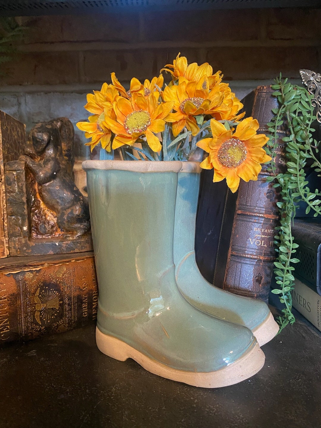 Green Rain Boot Vase and Planter, Housewarming Gifts, Grandmillennial ...