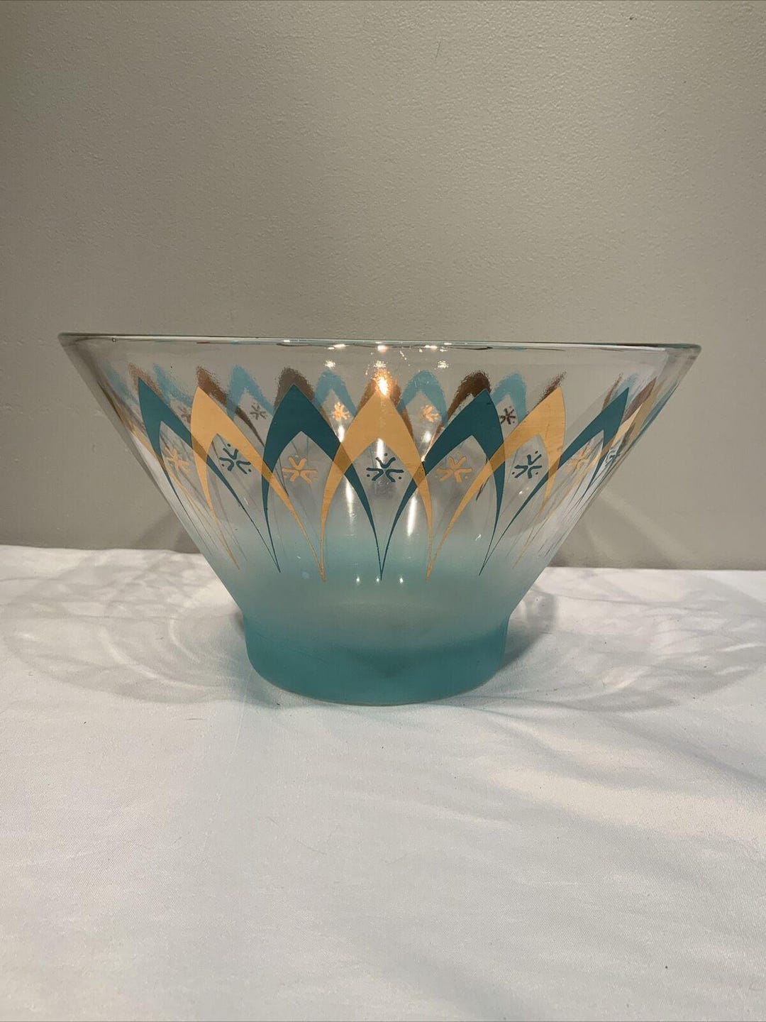 Mid Century Modern Gold and Blue Atomic Pattern Glass Punch Bowl, MCM ...