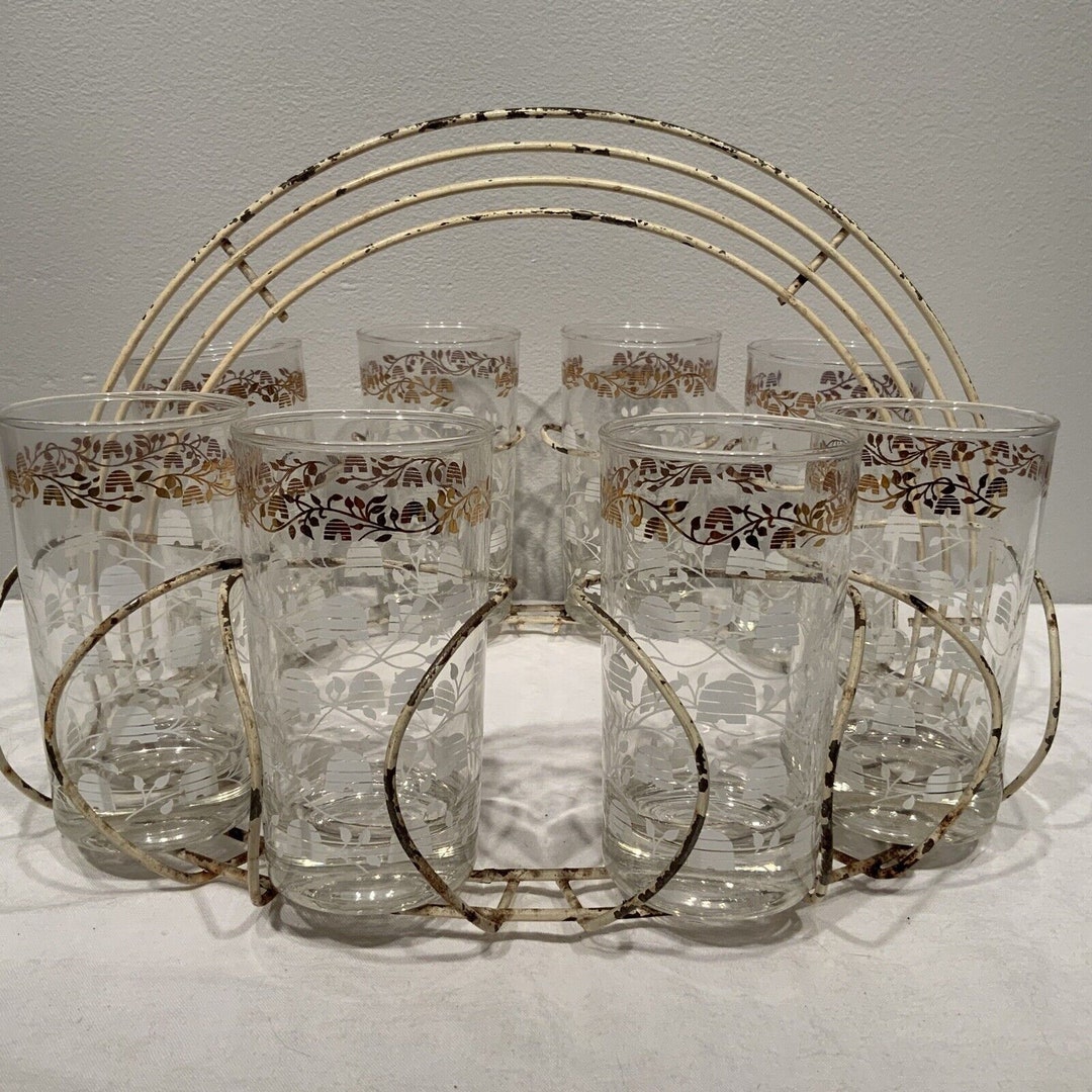 8 Vintage MCM White Gold Beehive Glasses With Art Deco Style Wire Caddy ...