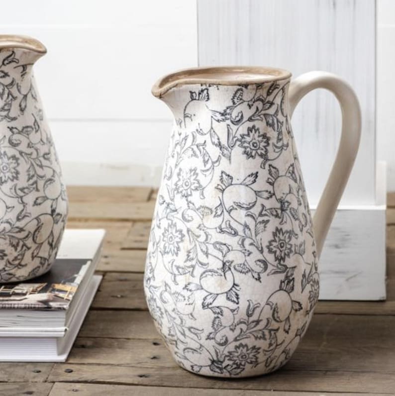 Grey Floral Heirloom Pitcher, French Modern Pitcher, Grandmillennial ...