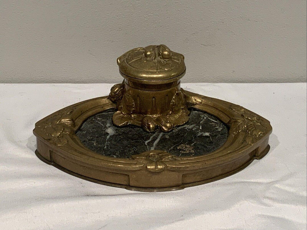 Antique French Gilt Bronze & Rouge Marble INKWELL Signed A.marionnet ...