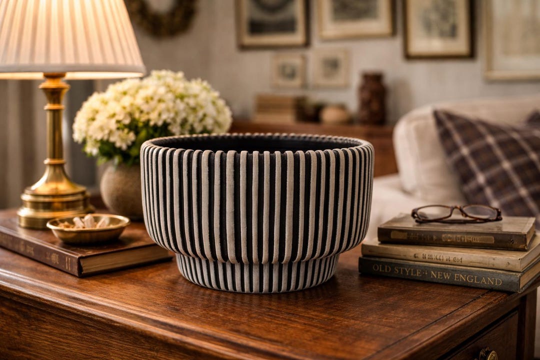 Short Black and White Ribbed Vase, Modern Vintage Decor, Abstract Home ...