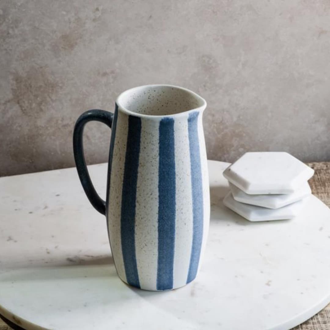 Blue Stripe Ceramic Pitcher, Beach House Decor, Cottage Core, French ...