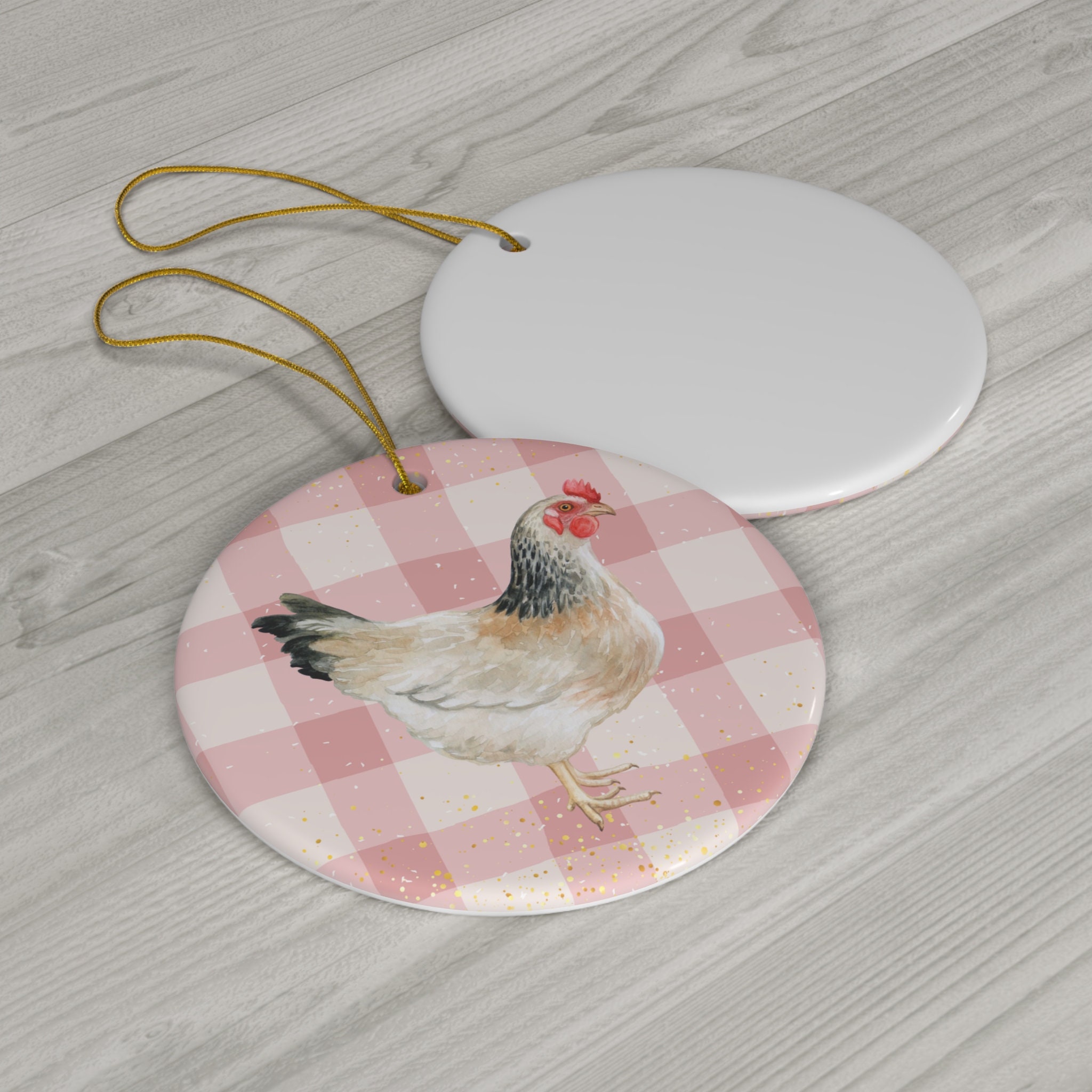 Pink Gingham Chicken Circle Christmas Tree Ornament - Etsy