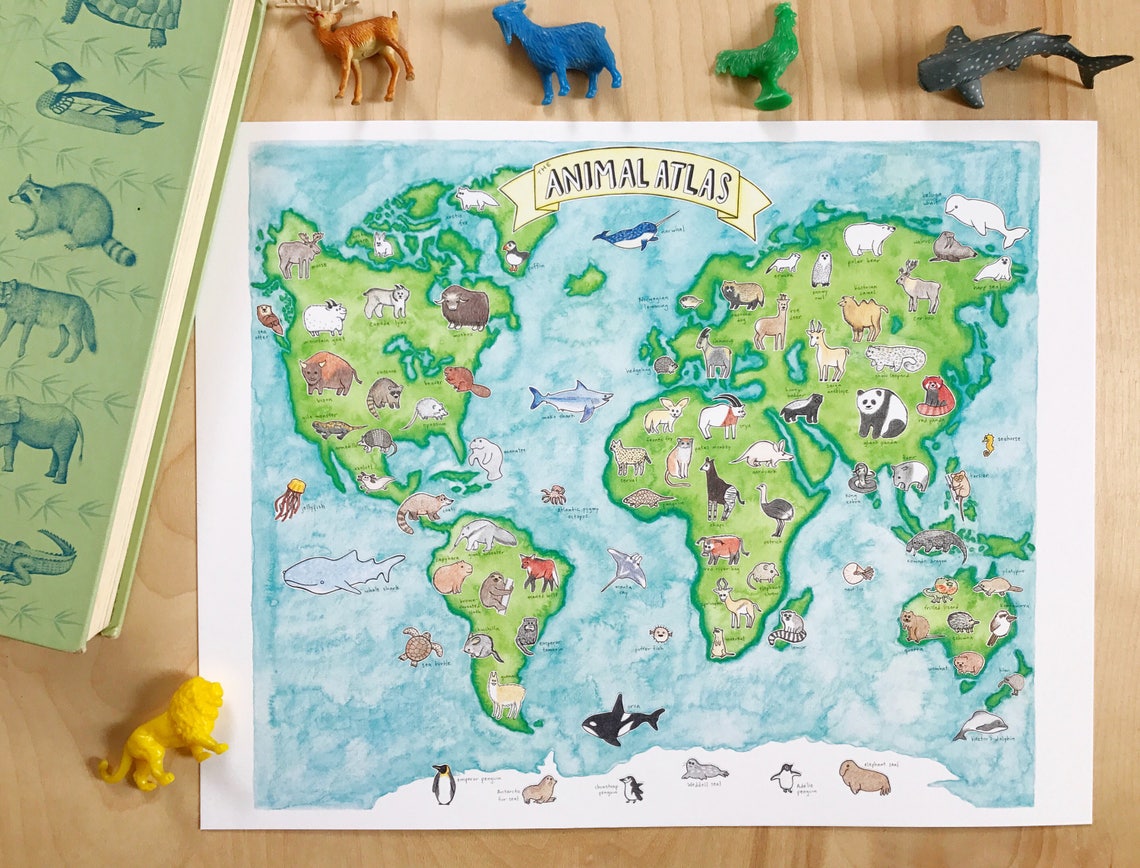 Animal Atlas Print wildlife map baby shower gift nursery | Etsy