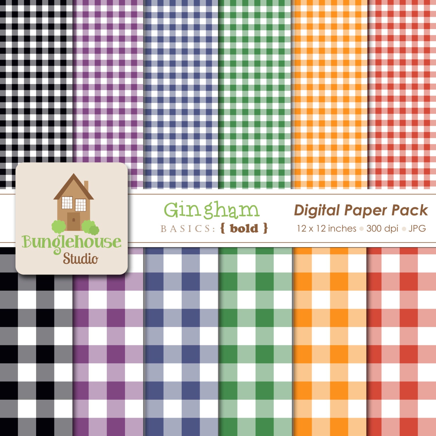 Gingham Digital Paper Pack | Black Purple Blue Green Orange Red Checked ...