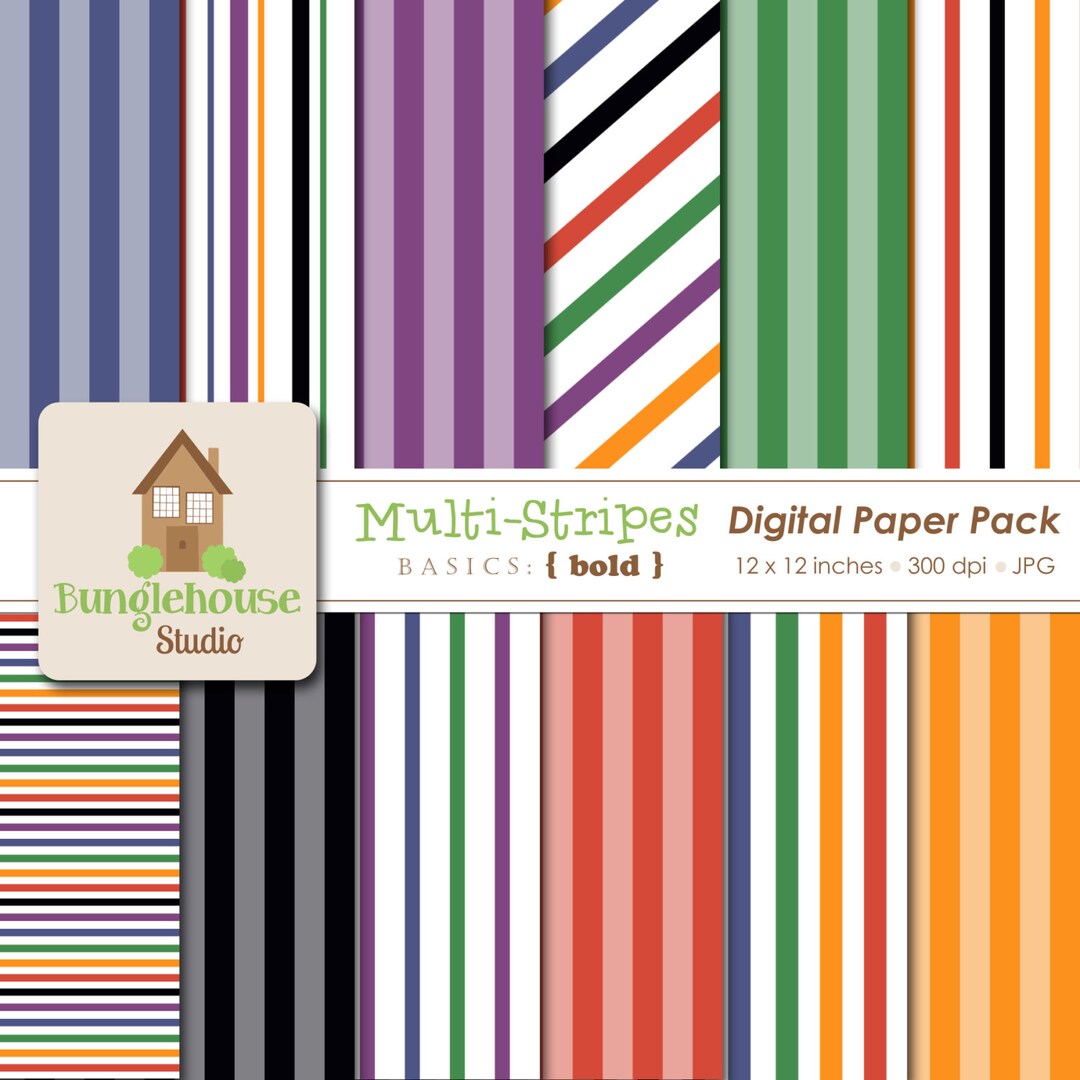 Bold Multi Colored Stripes Digital Paper Pack | Red, Orange, Green ...