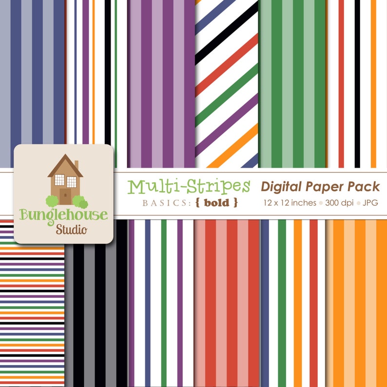 Bold Multi Colored Stripes Digital Paper Pack | Red, Orange, Green ...