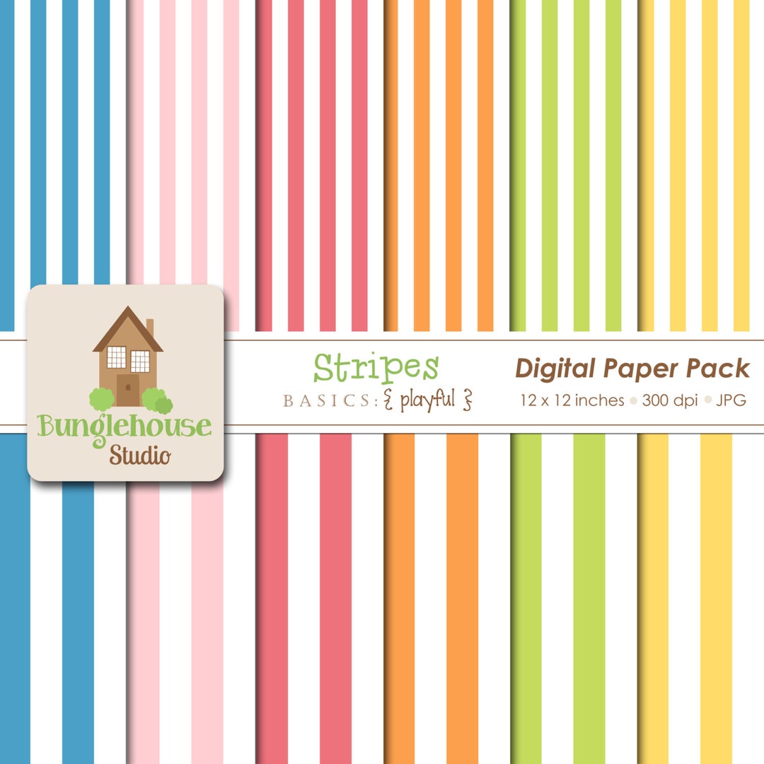 Pink Blue Orange Yellow Green Stripes Digital Paper Pack Instant ...