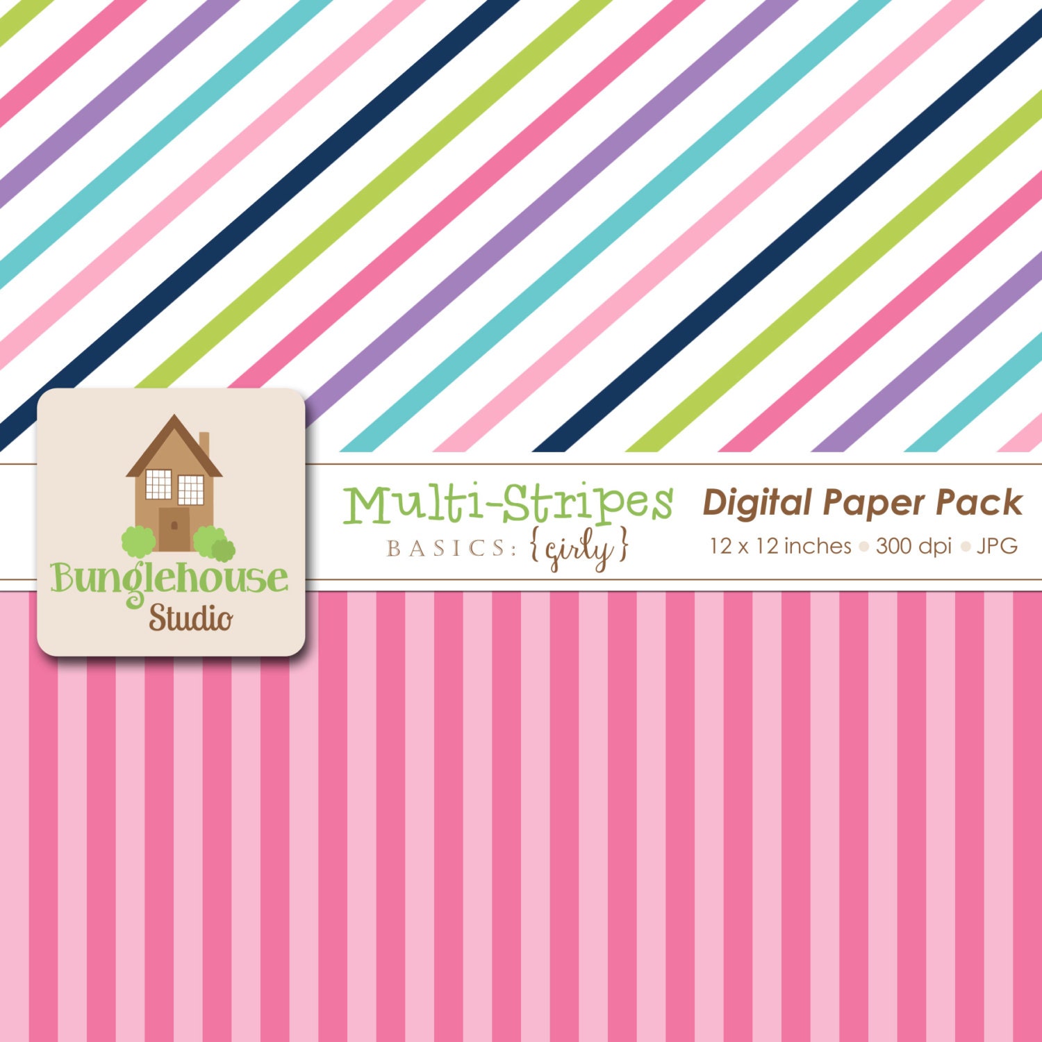 Striped Digital Papers Instant Download Hot Pink, Lime, Turquoise ...