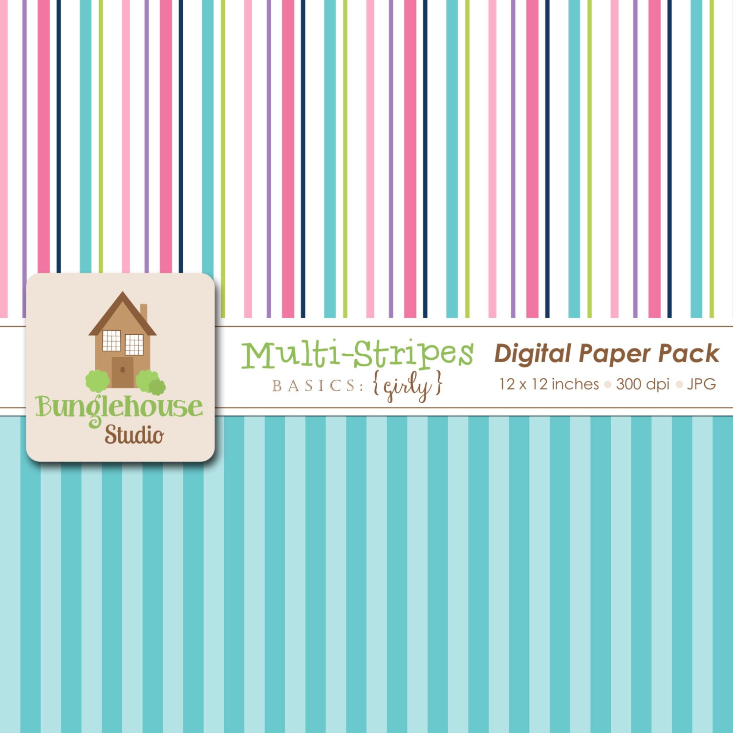 Striped Digital Papers Instant Download Hot Pink, Lime, Turquoise ...