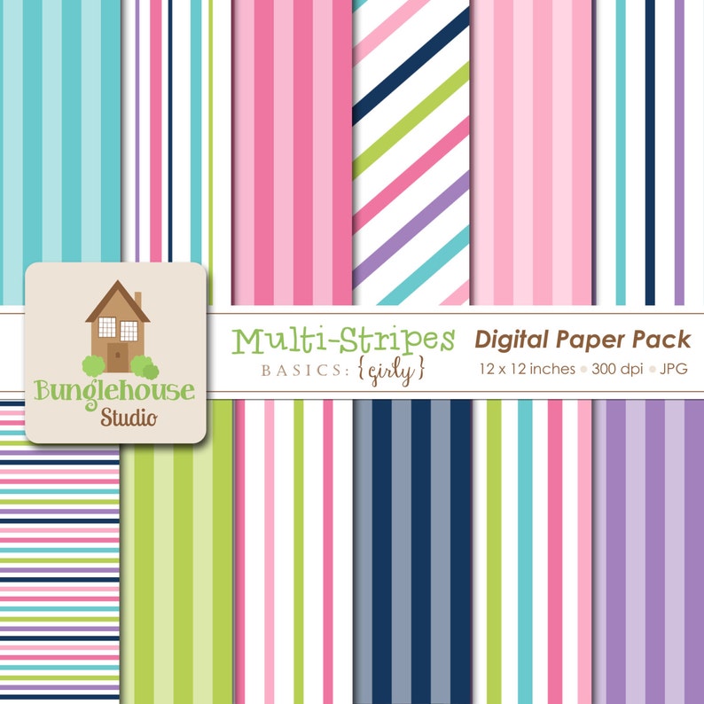 Striped Digital Papers | Instant Download | Hot Pink, Lime, Turquoise ...
