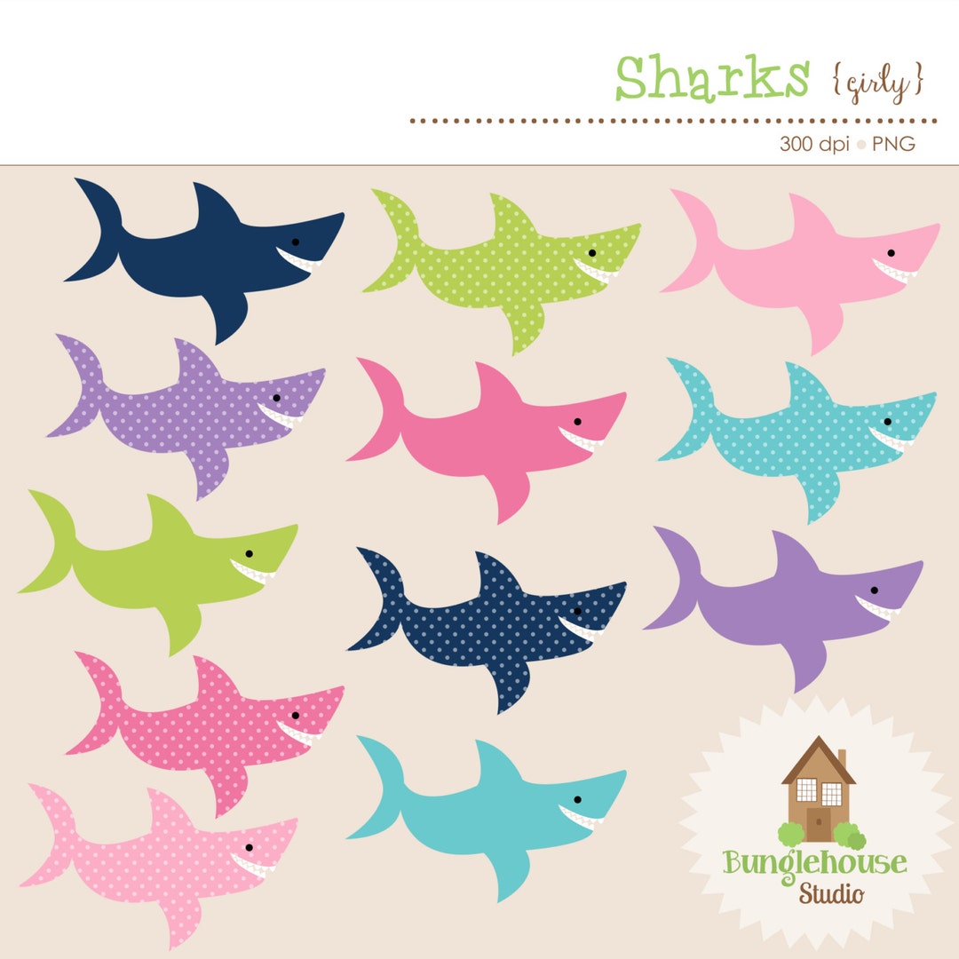 Cute Girly Sharks Clipart Set - Etsy