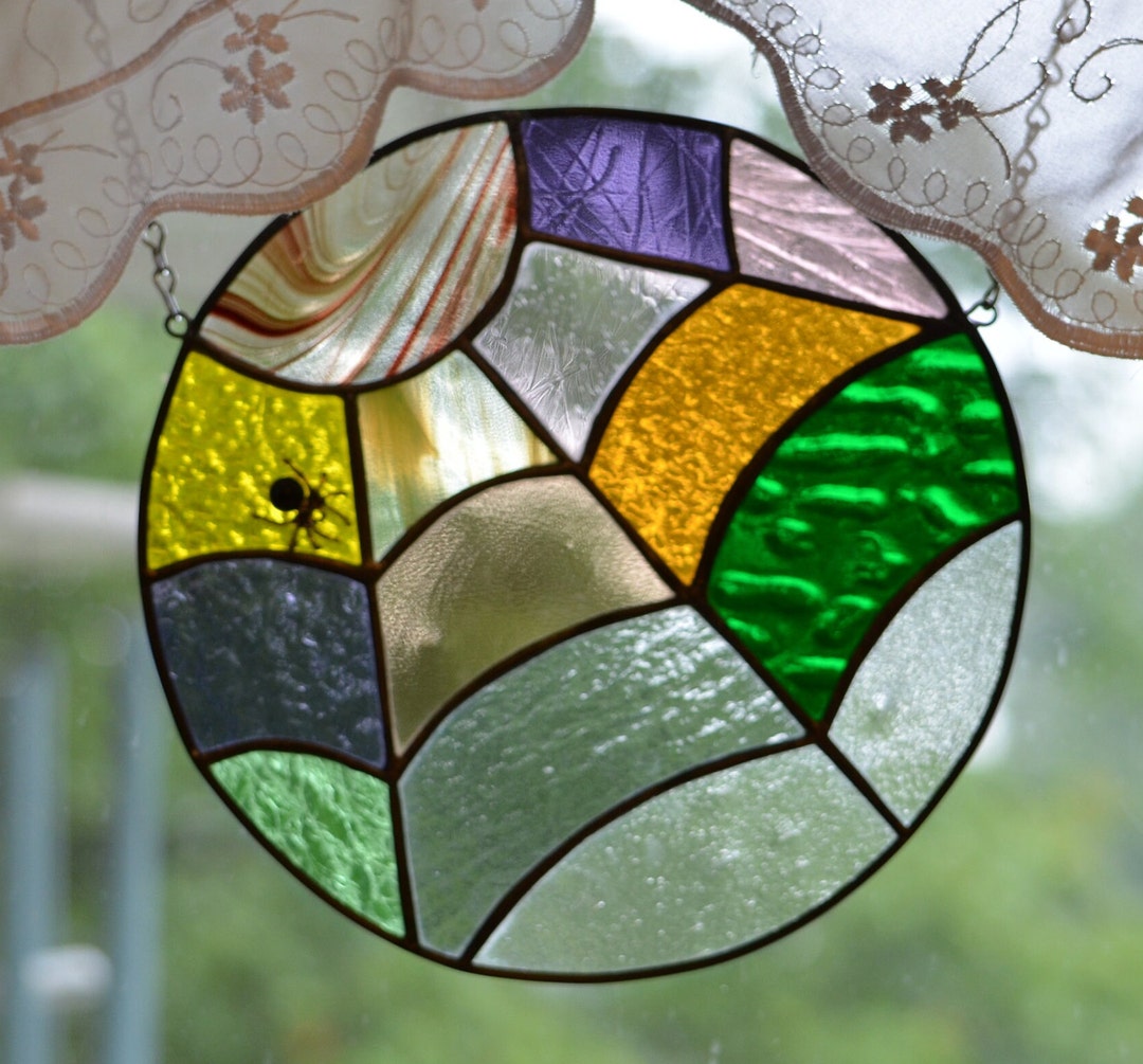 Spider Web Stained Glass Panel Creepy Halloween Handmade Spider and Web ...