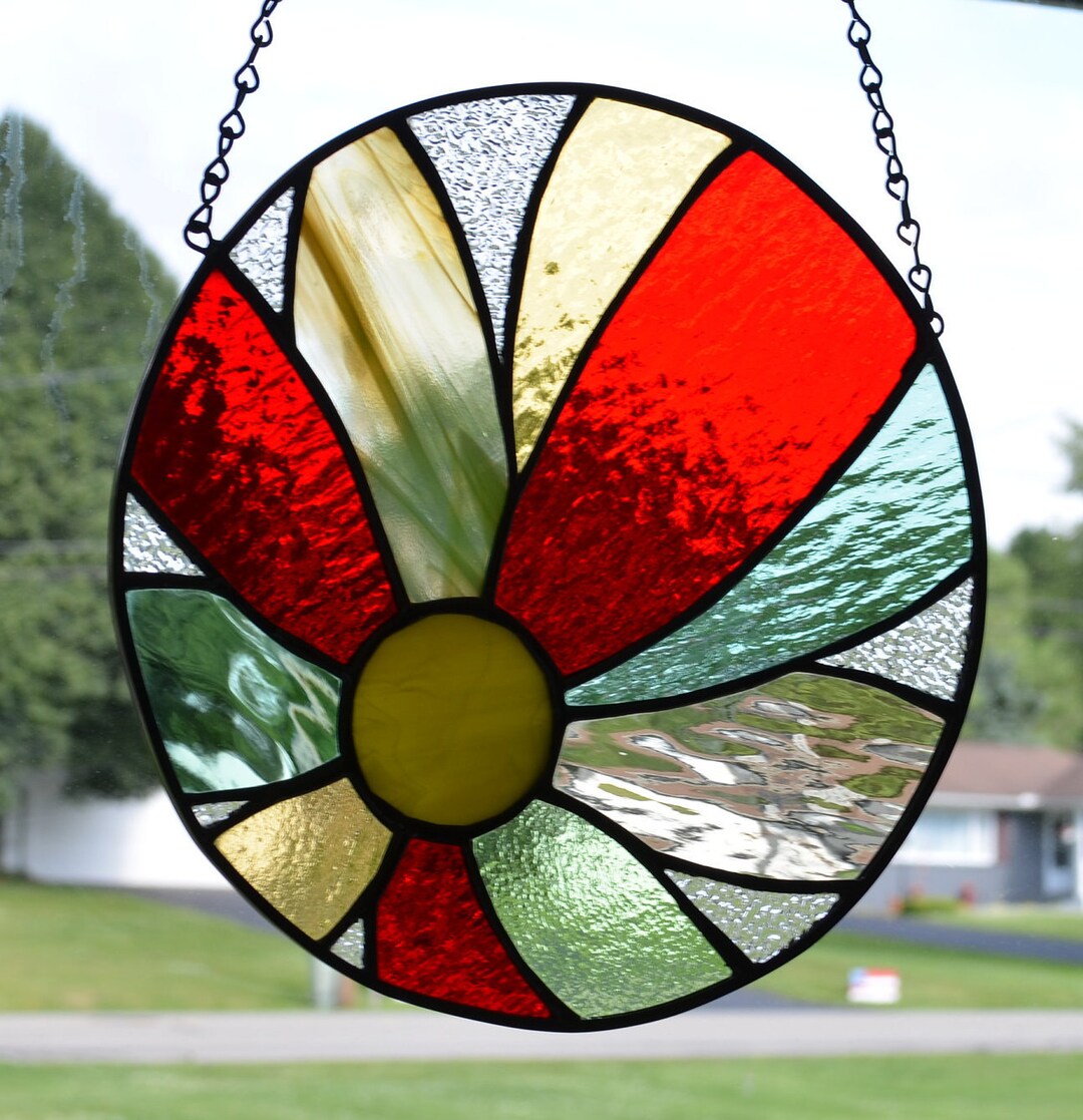 Handmade Stained Glass Abstract Flower in Red and Green Daisy ...